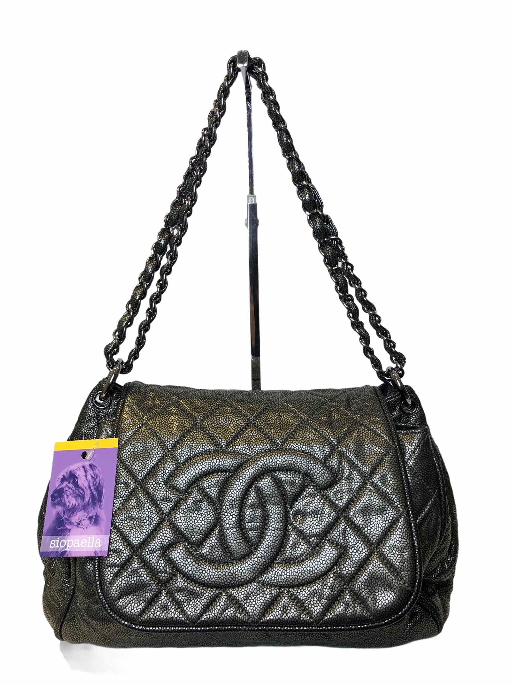 Chanel Metallic Pewter Caviar Leather Shoulder Bag with Silvertone Har ...